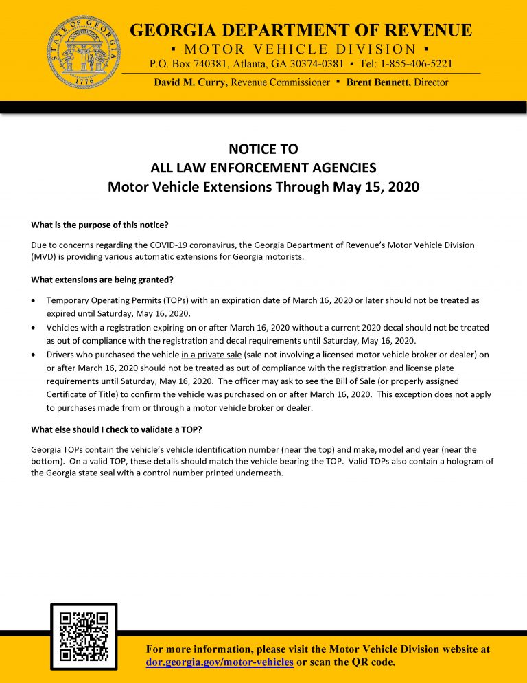 Georgia Motor Vehicle Division Extension of Motor Vehicle Registrations ...
