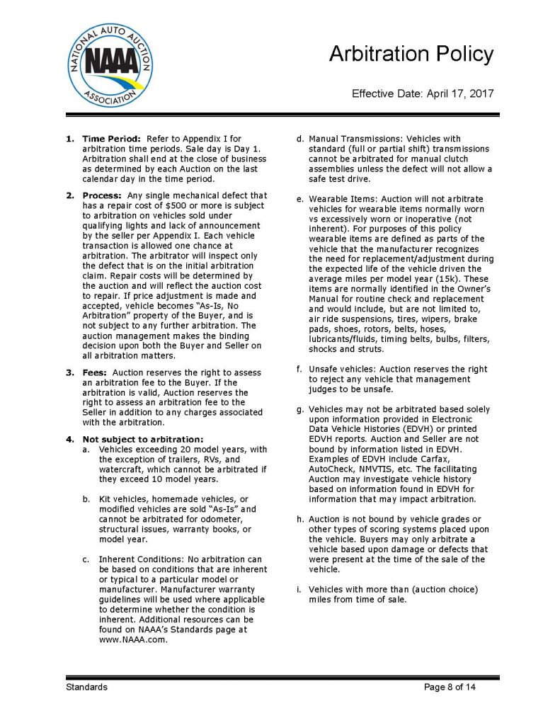 NAAA Arbitration Policy for Auction Transactions – 2017 | DVGA